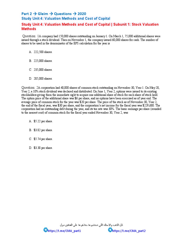 Gleim Questions 2020: Study Unit 4: Valuation Methods and Cost of ...