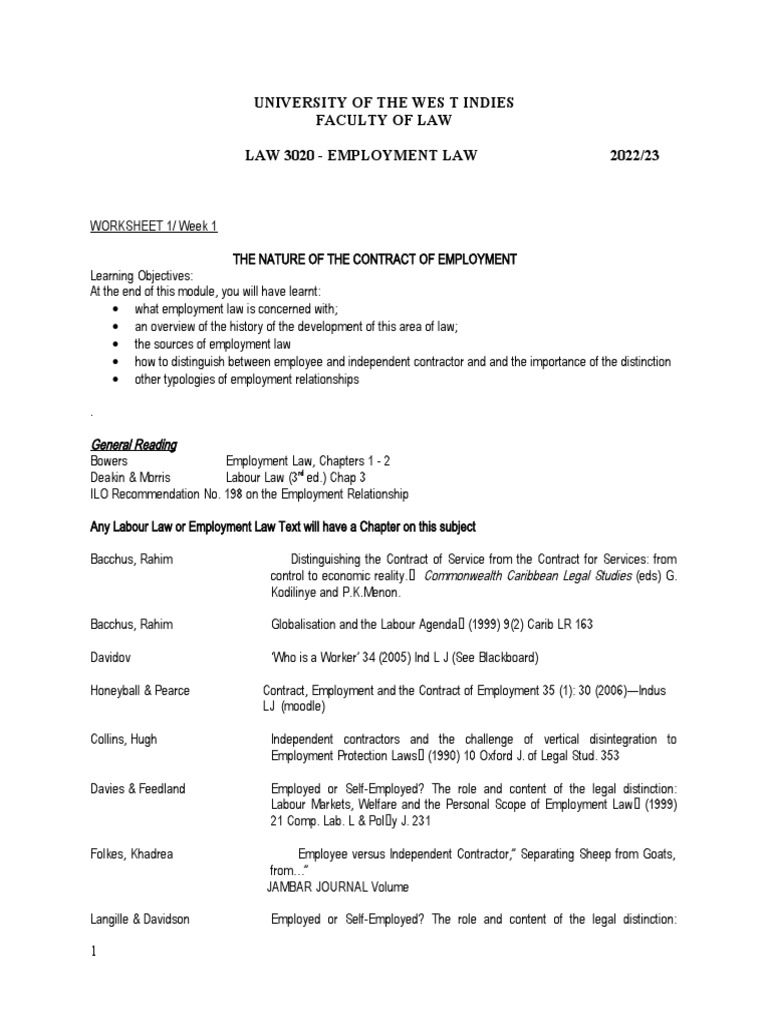 Worksheet 1 - Nature of Employment Contract | PDF | Employment | Labour Law