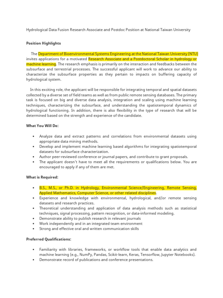 Hydrological Data Fusion Research Associate and Postdoc Position at National Taiwan University ...