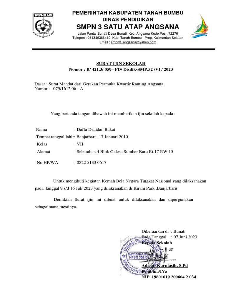 Surat Ijin Sekolah Daffa - Pramuka | PDF