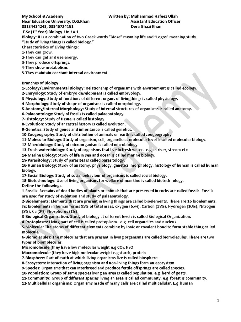 Biology 1st Year Notes | PDF