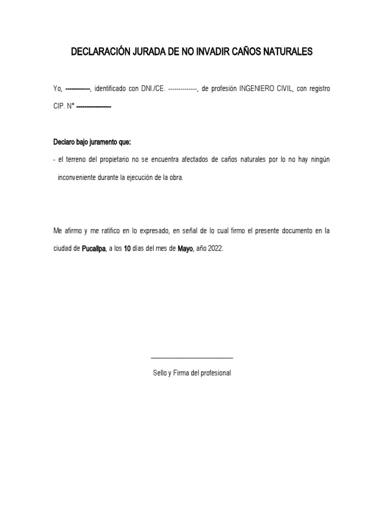 Declaracion Jurada de No Invadir Caños Naturales | PDF | Finanzas y dinero