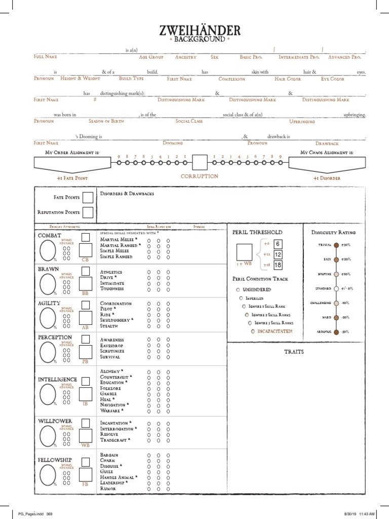 Zweihander - Character Sheet (Form Fillable) | PDF