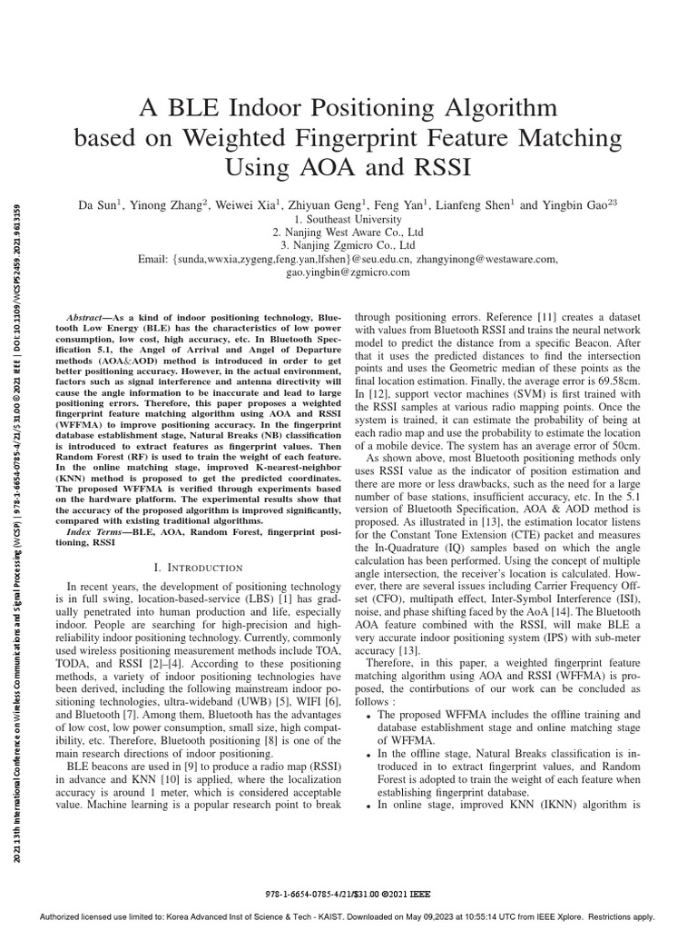 A BLE Indoor Positioning Algorithm Based On Weighted Fingerprint Feature Matching Using AOA and ...