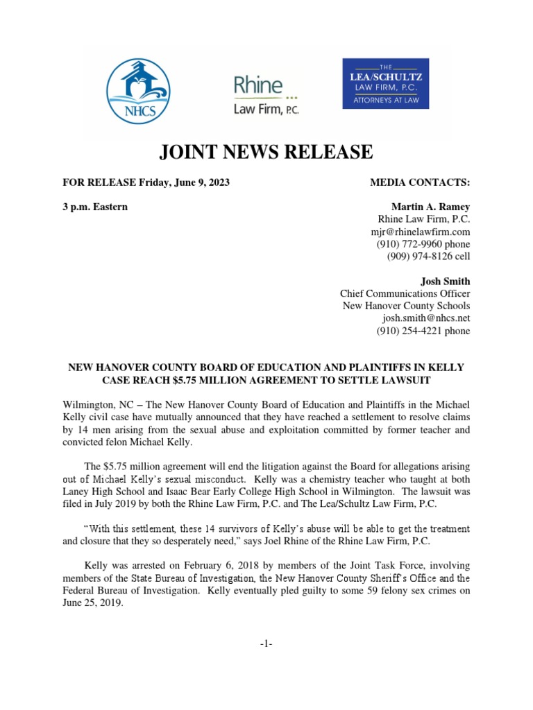 2023.06.09 Joint News Release - $5.75M Settlement Reached Between NHCBOE and Plaintiffs in Kelly ...