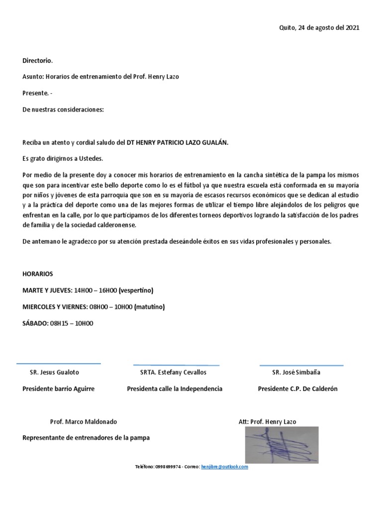 Horarios de Entrenamiento de Henry Lazo | PDF