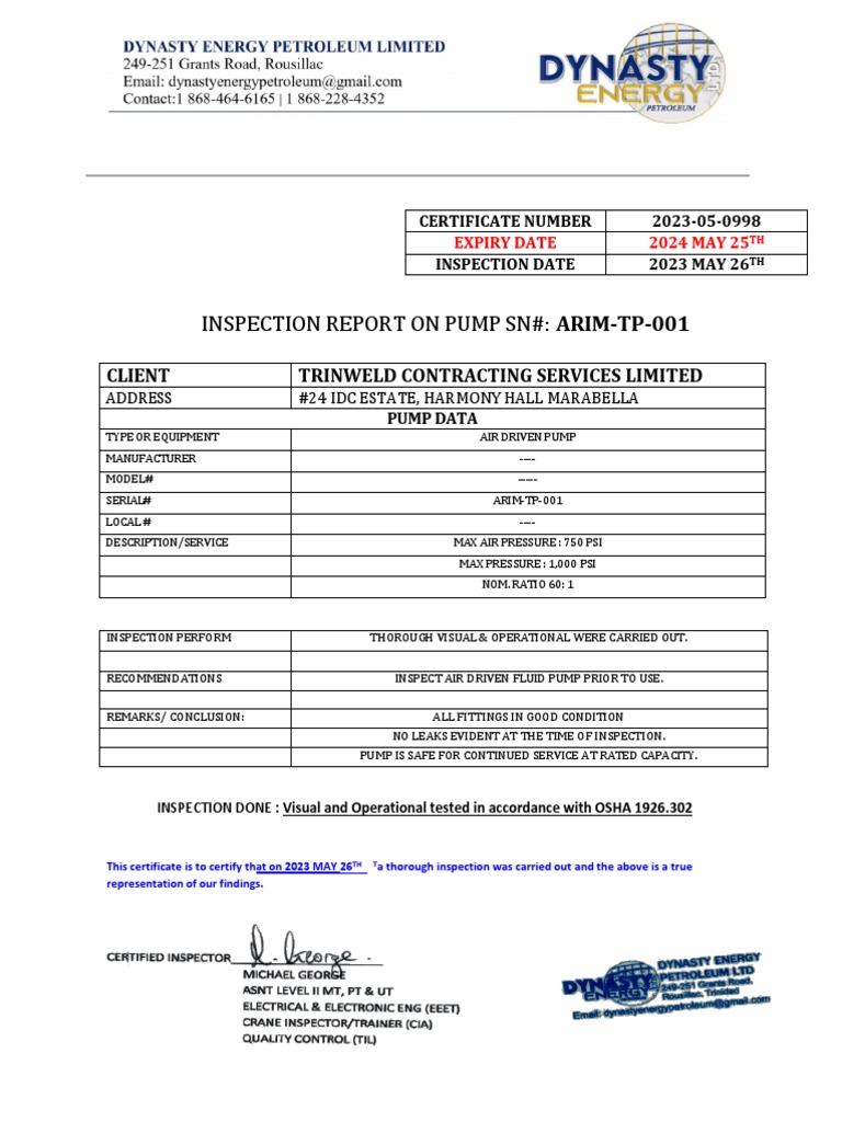2023-05-0998 Inspection Report On Hand Pump SN Arimtp001 | PDF