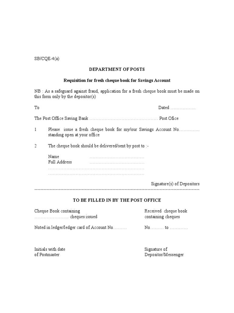 Post Office Cheque Book Request Form | PDF