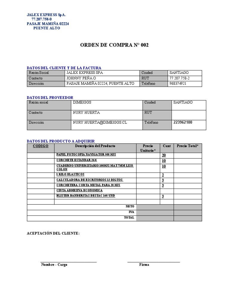 Formato - Orden - de - Compra DIMEIGGS | PDF