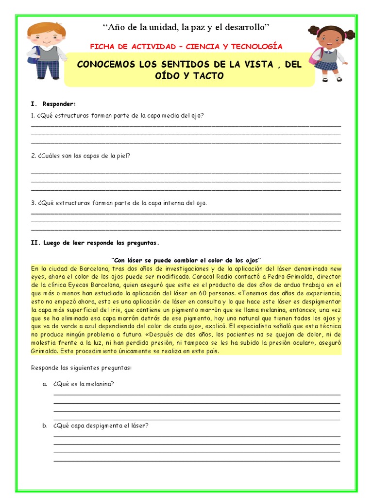 Ficha-Juev-Cyt-Conocemos Los Sentidos Vista Oído y Tactoo | PDF | Ojo ...