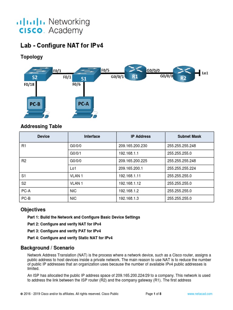 6.8.2 Lab - Configure Nat For Ipv4 (Final1) | PDF | Ip Address | Router (Computing)