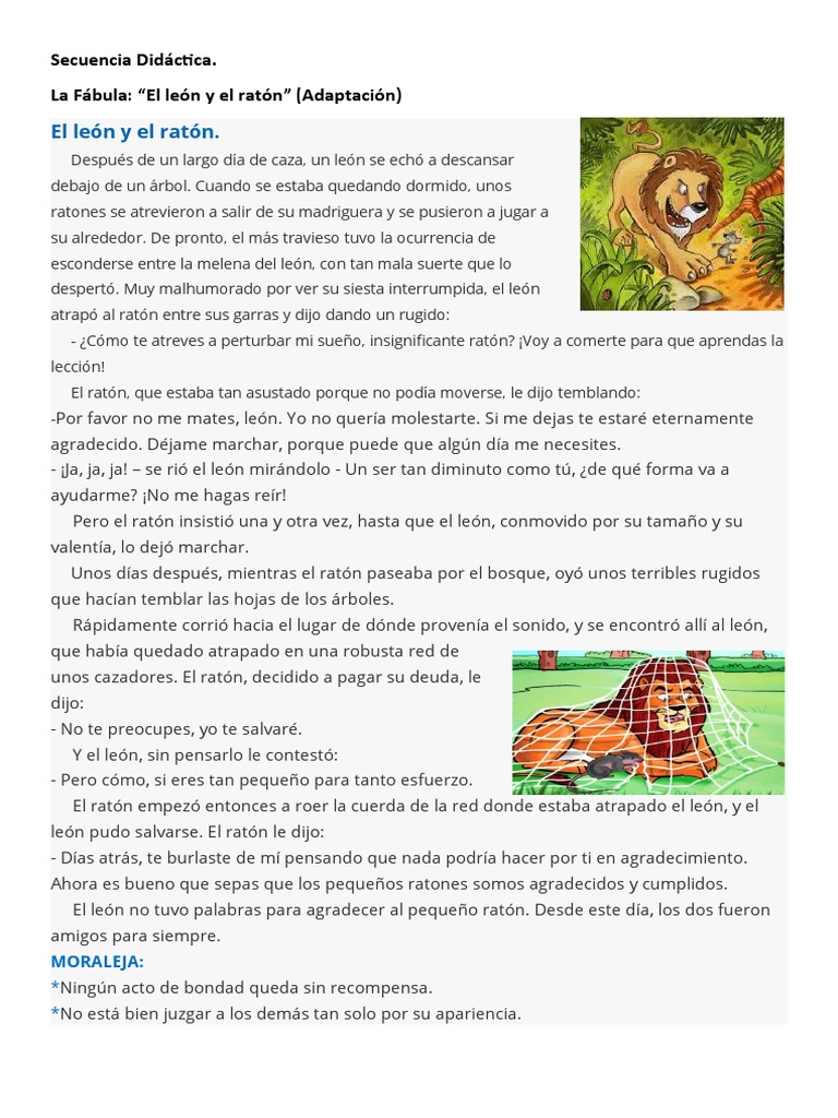 Secuencia #4 Lengua Fábula El Leon y El Raton | PDF | León | Fábula
