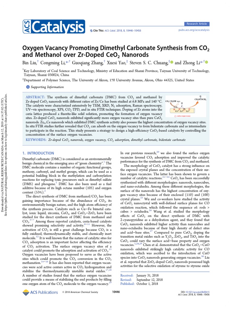 2018, Liu Et Al., Oxygen Vacancy Promoting Dimethyl Carbonate Synthesis ...