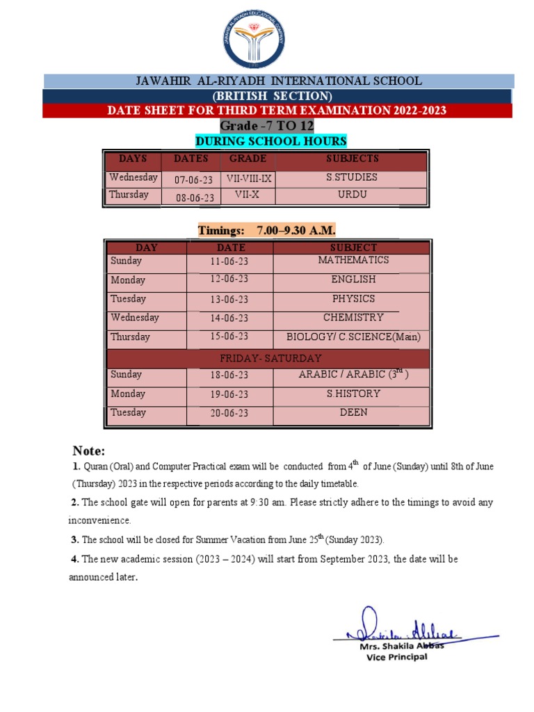 Grade 7-12 Exam Date Sheet 2023 | PDF