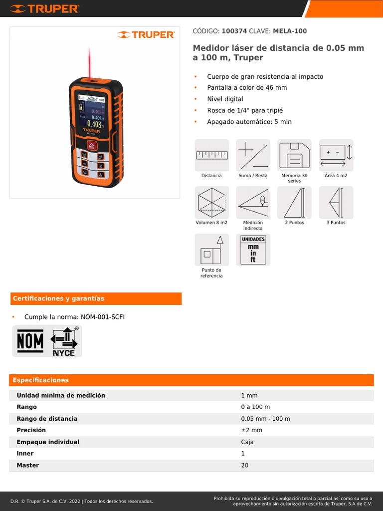 Medidor Láser de Distancia de 0.05 MM A 100 M, Truper 100374 | PDF