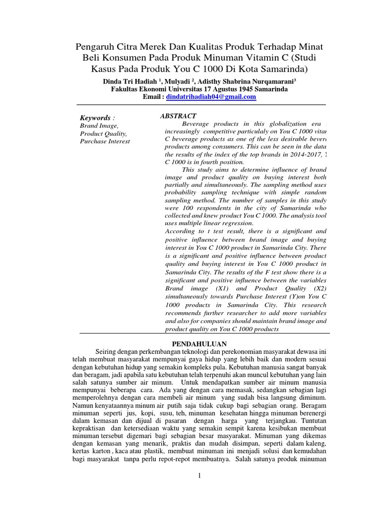 Pengaruh Citra Merek Dan Kualitas Produk Terhadap Minat Beli Konsumen Pada Produk Minuman ...