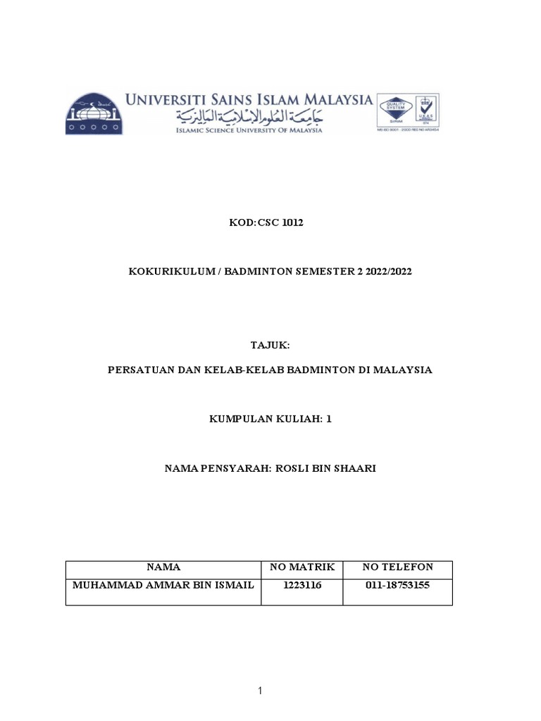 Assignment Kokurikulum Badminton | PDF