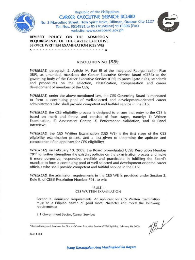 Revised Policy On CES WE - Res1354 | PDF