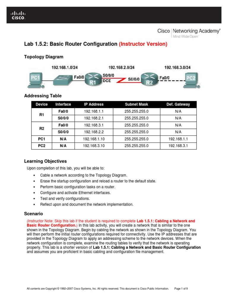 Lab 1.5.2: Basic Router Configuration: (Instructor Version) | PDF | Router (Computing ...