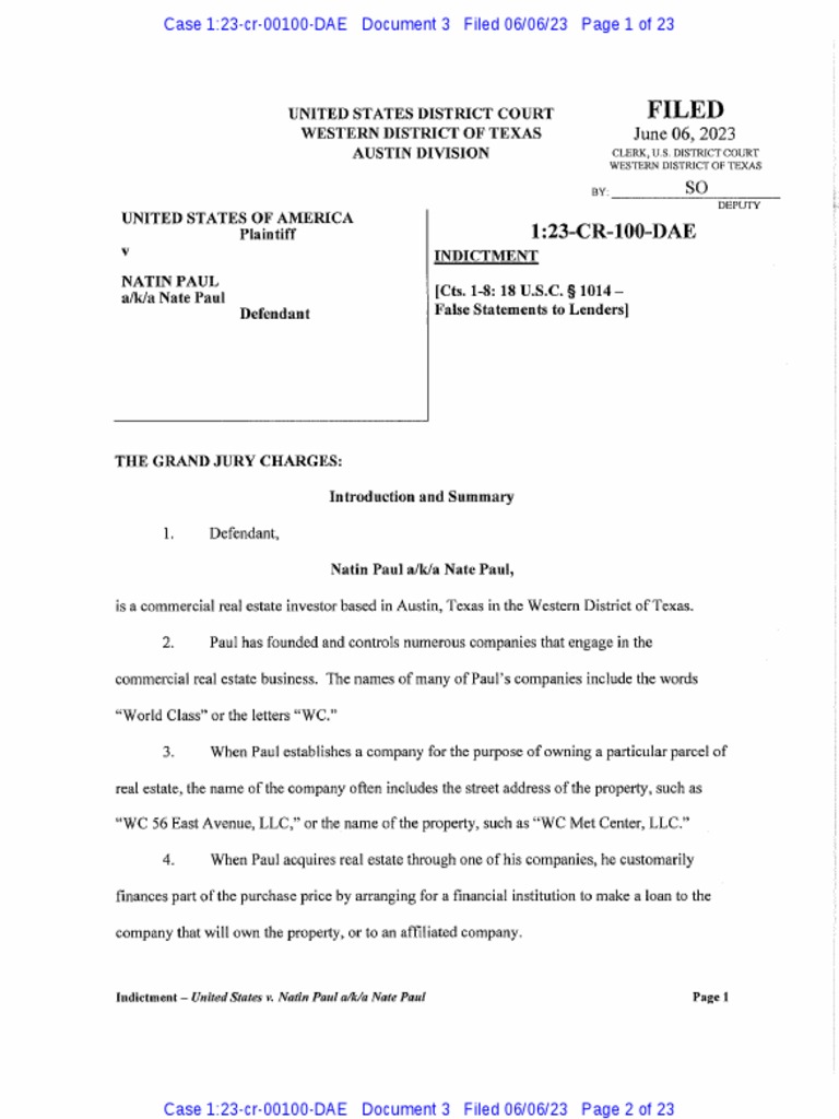 Nate Paul Indictment in The Western District of Texas | PDF