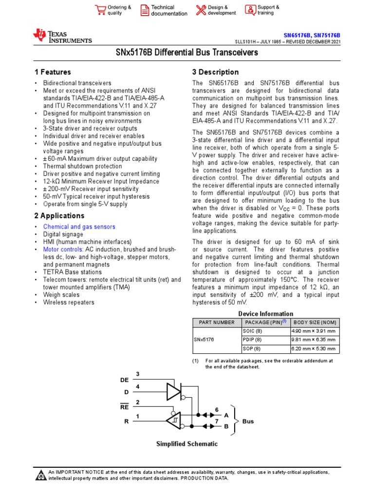 Snx5176B Differential Bus Transceivers: 1 Features 3 Description | PDF | Electrostatic Discharge ...