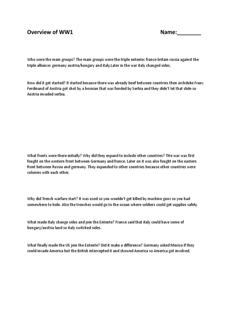 Overview of ww1 Student Questions | PDF | Allies Of World War I | World ...