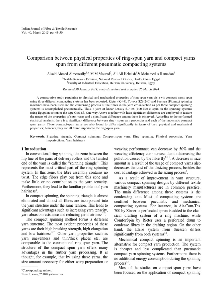 Comparison Between Physical Properties of Ring-Spun Yarn and Compact ...