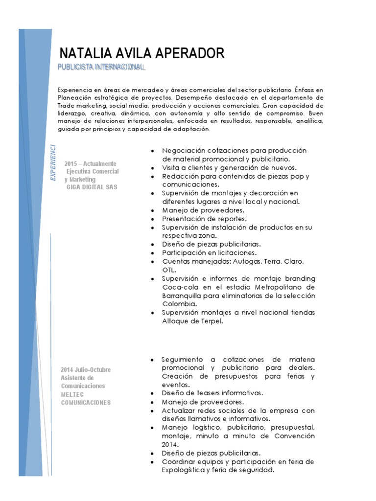 CV Natalia Avila Aperador 2021 | PDF | Marketing | Diseño