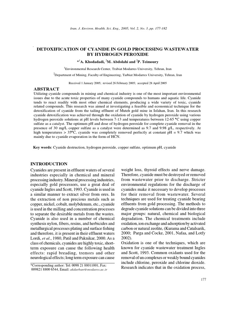 Cyanide Detoxification Process by Hydrogen Peroxide | PDF | Hydrogen ...