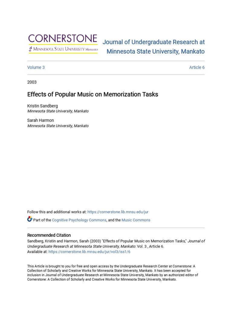 Effects of Popular Music On Memorization Tasks | Download Free PDF | Recall (Memory) | Memory