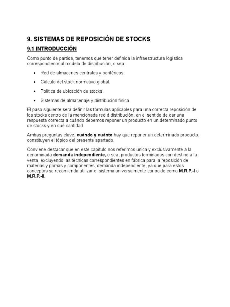 1.9. Sistemas de Reposición de Stocks | PDF | Obtención | Inventario