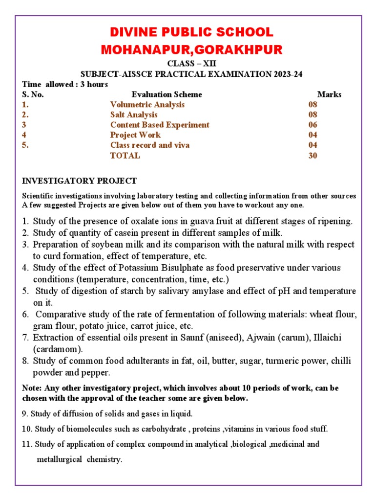 Chemistry Project Assignments For Class XII - 2023-24 | PDF