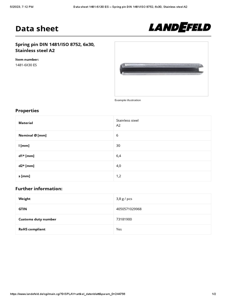 Data Sheet 1481-6X30 ES - Spring Pin DIN 1481 - ISO 8752, 6x30 ...