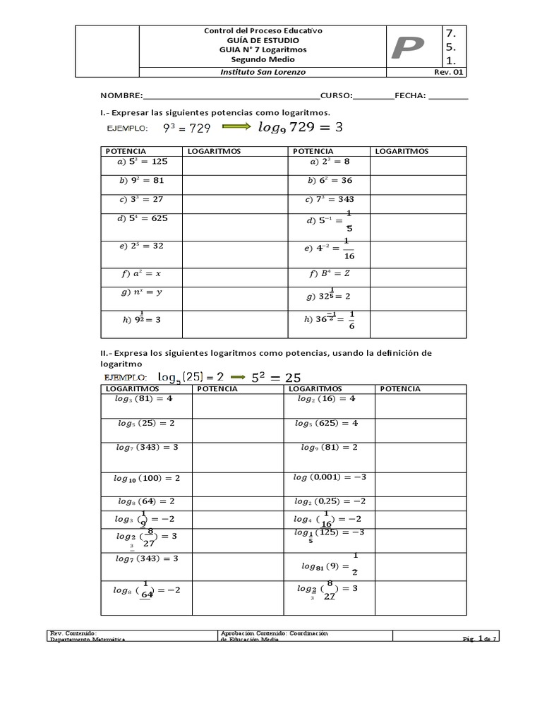 Guia-N°-7-LOGARITMOS | PDF | Logaritmo | Matemática Elemental