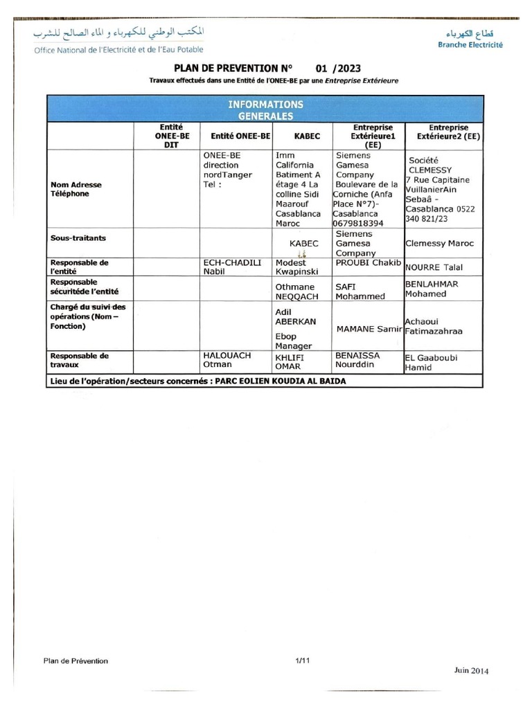 Plan de Prévention ONEE Déviation 60kv - Koudia | PDF