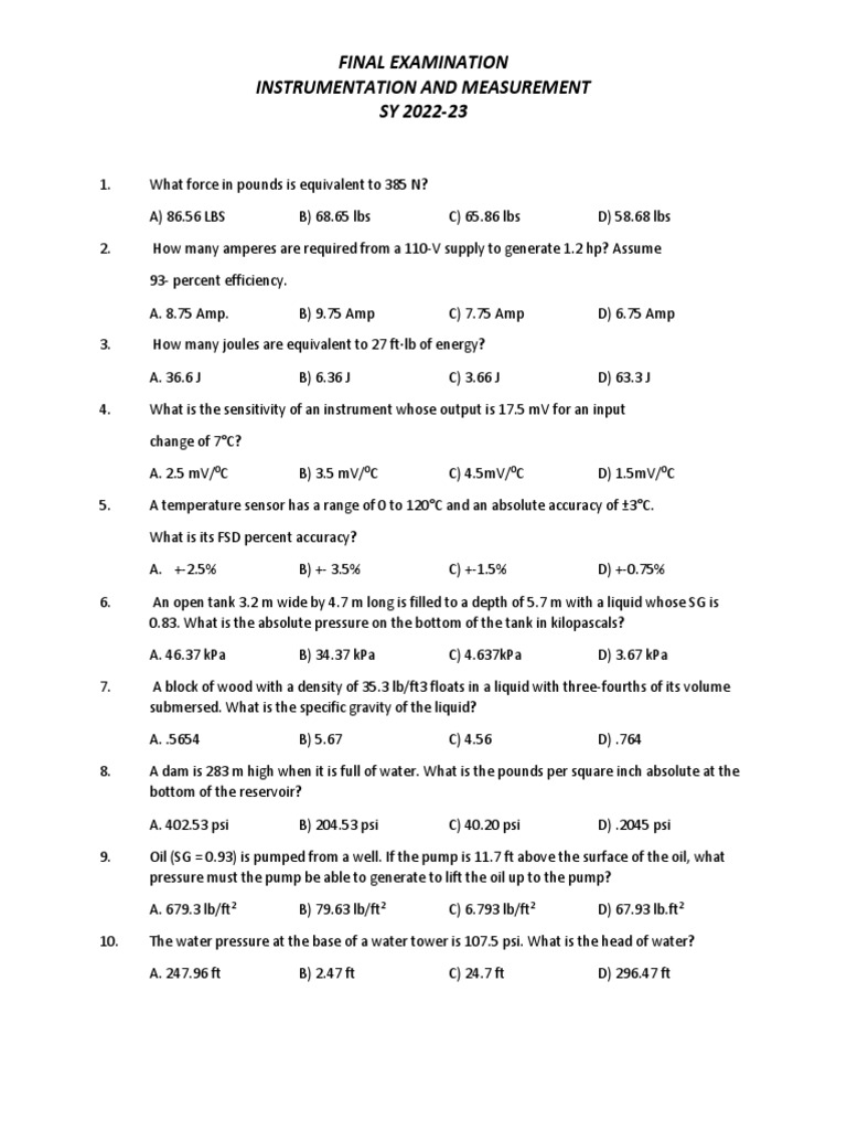 Questionaire | PDF | Density | Pressure