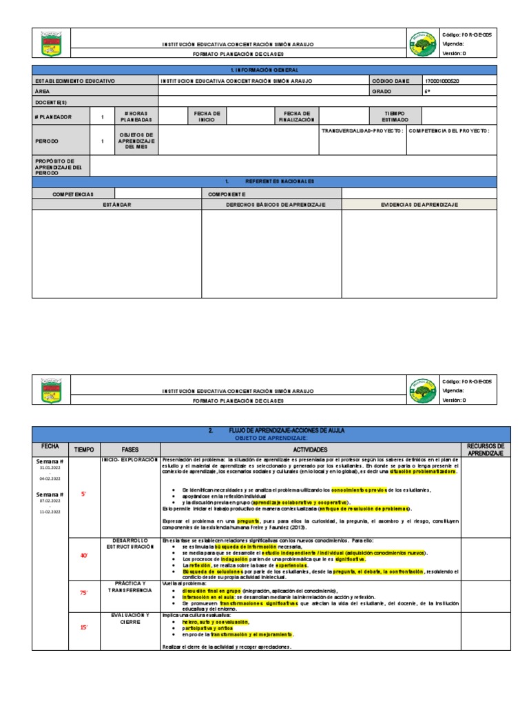Formato de Plan de Aula | PDF | Aprendizaje | Maestros