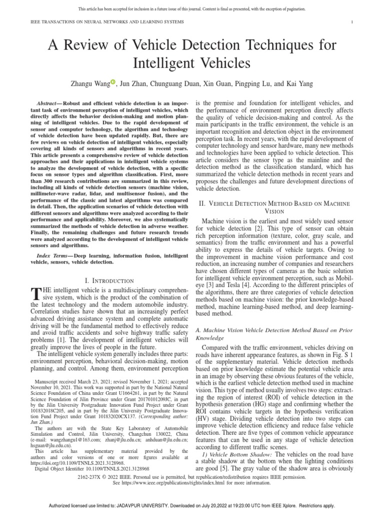 A Review of Vehicle Detection Techniques For Intelligent Vehicles | PDF | Radar | Lidar