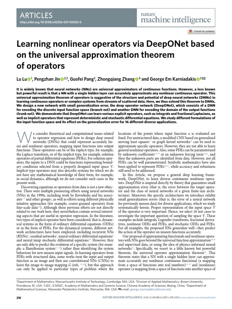 Lu DeepONet NMachineIntell21 | PDF | Deep Learning | Partial Differential Equation