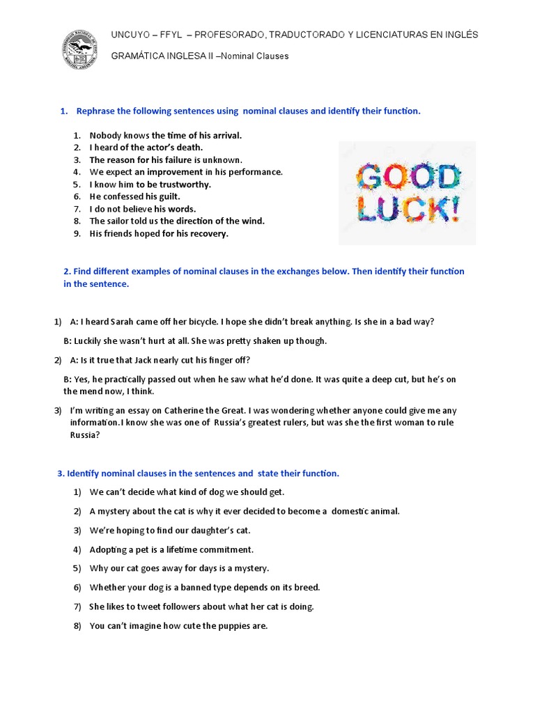 Worksheet Nominal Clauses | PDF | Clause | Grammar