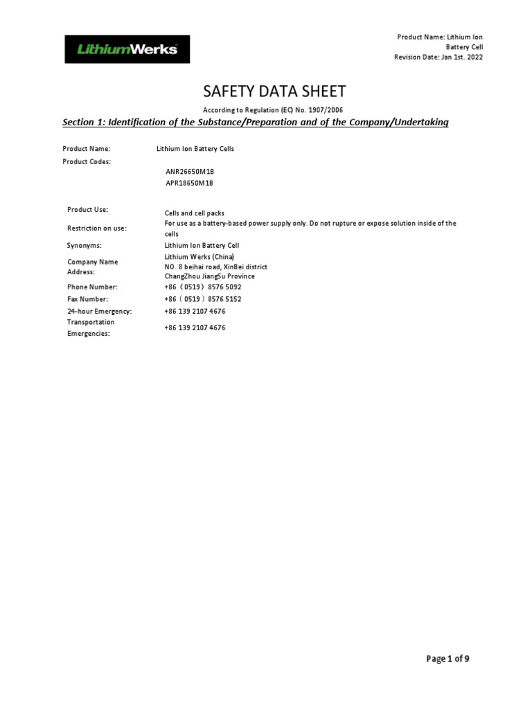 SDS Lithium Werks Safety Data Sheet Cells 013122 | PDF | Dangerous ...