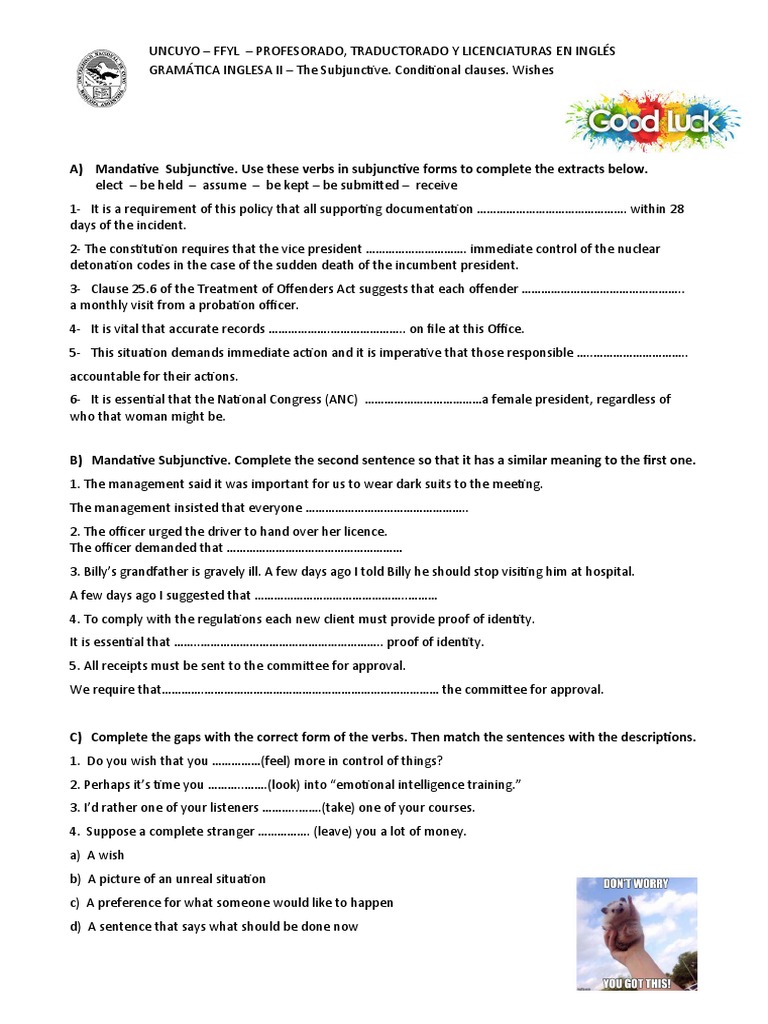Worksheet 10 - Subjunctive, Conditional and Wishes | PDF