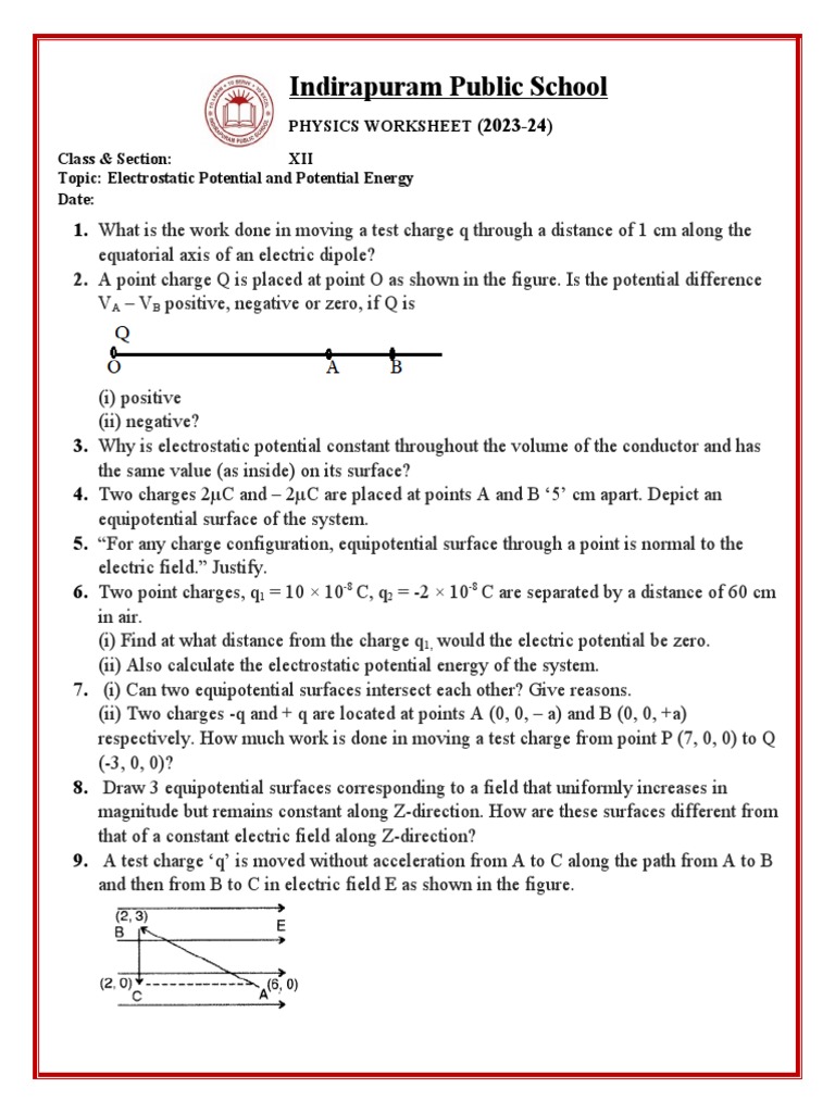 Class XII Physics Worksheet (Electrostatic Potential and Potential ...
