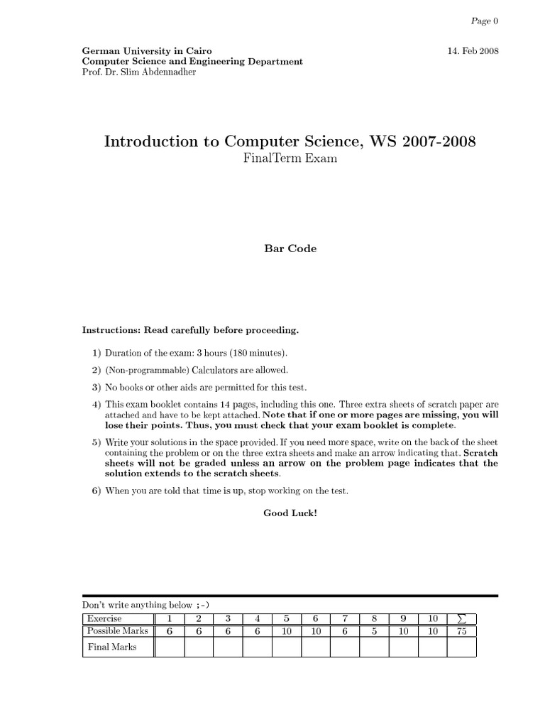Computer Science Final Exam (2008) | PDF
