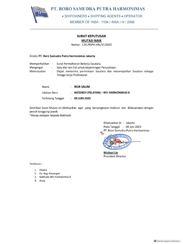 124 - Surat Mutasi Naik Messboy HM8 An Nur Salim TGL 09-06-2023 (Kapal) | PDF