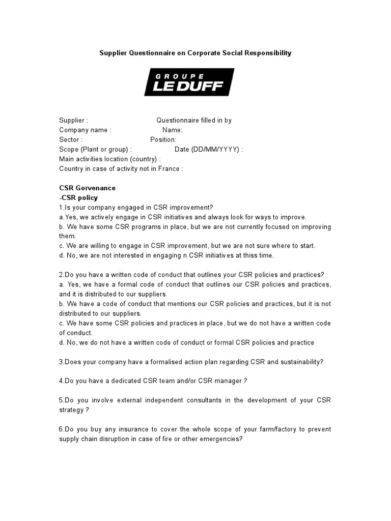 Supplier Questionnaire On Corporate Social Responsibility | Download ...