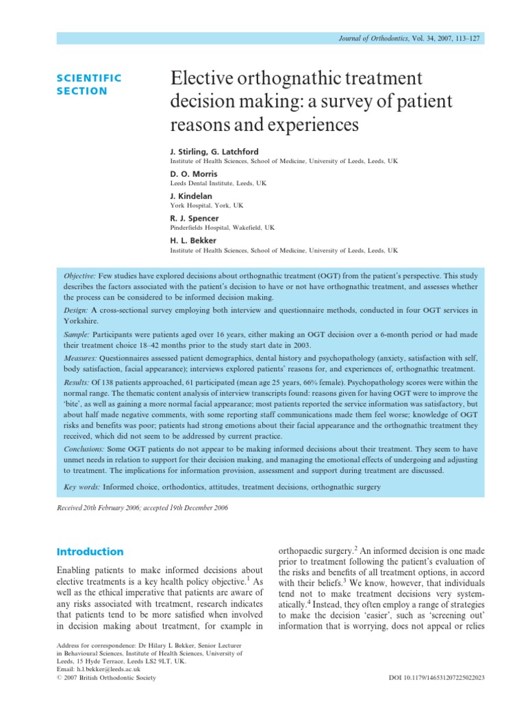 Stirling Et Al 2007 Elective Orthognathic Treatment Decision Making A ...