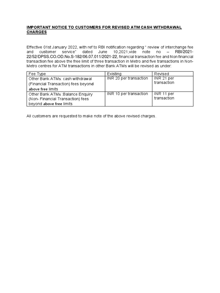 Important Notice To Customers For Revised Atm Cash Withdrawal Charges ...
