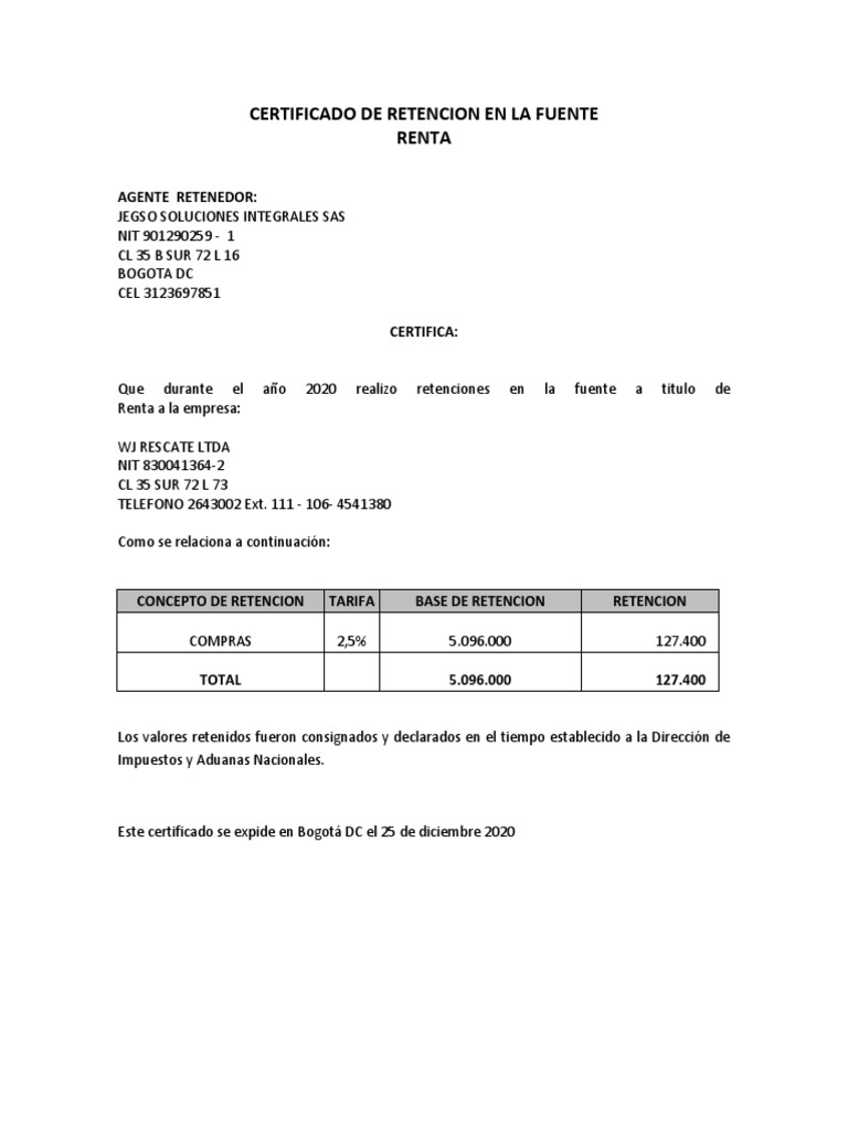 Certificado de Retencion en La Fuente | PDF | Negocios | Finanzas y dinero