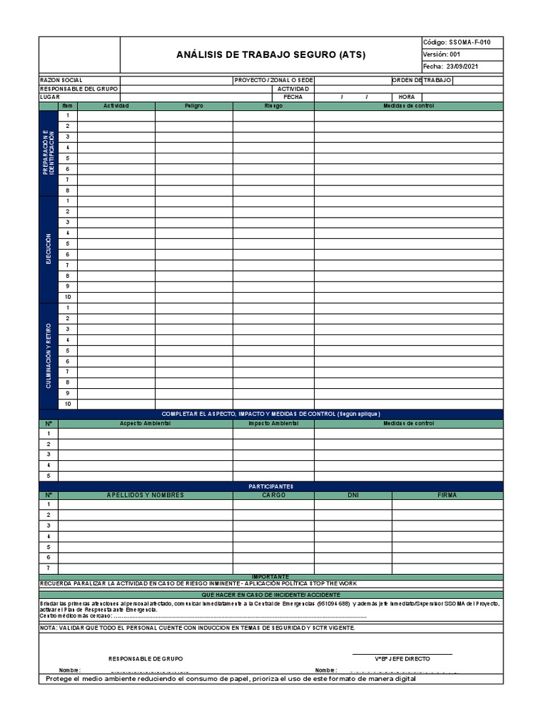 SSOMA-F-010-001 Análisis de Trabajo Seguro (ATS) | PDF